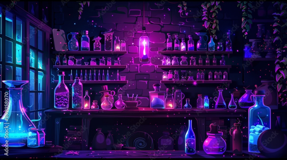 For mobile and games, an alchemical lab with magic books and potions ...