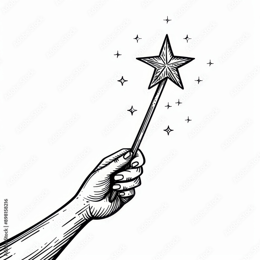 Isolated on white background. Hand drawn magic wand doodle. An element ...