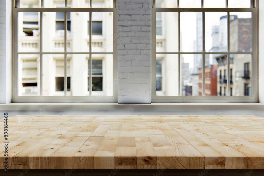 Empty wooden desk with big windows overlooking a buildings city ...