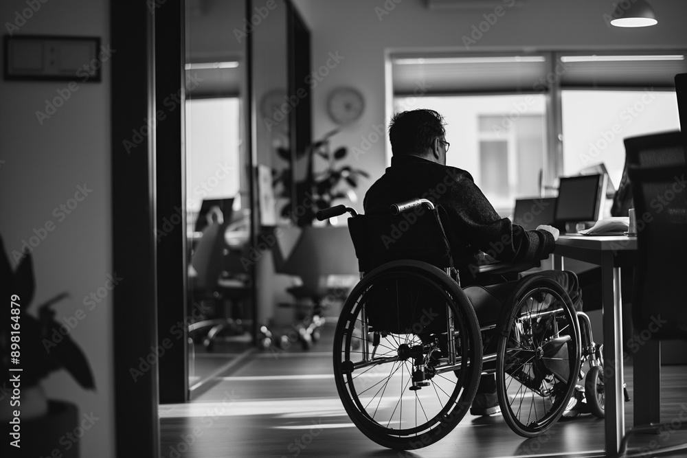 Man in wheelchair working in modern office, black and white photo ...