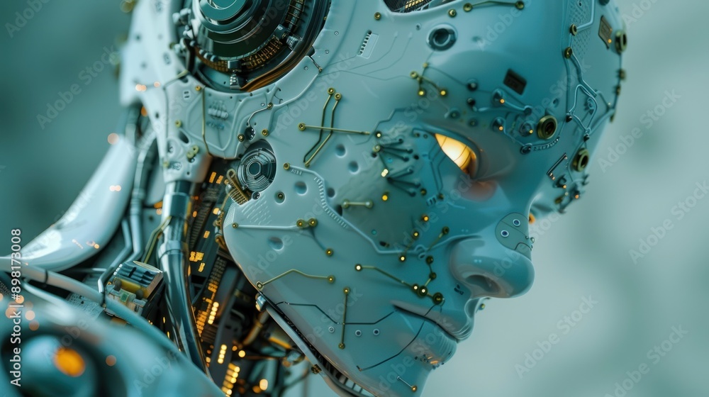 Deep learning infographic of artificial neural network and robot with circuit board as brain ...