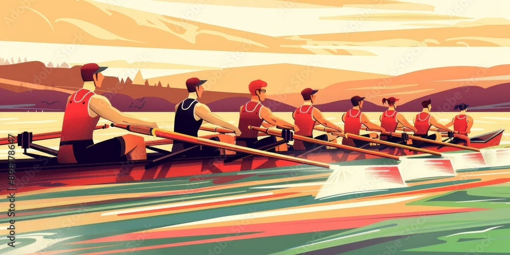 Illustration of rowers in a boat, teamwork, athletic competition ...