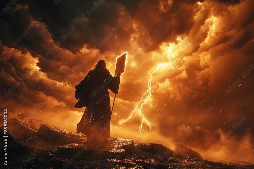 epic scene of moses receiving the ten commandments dramatic lightning ...
