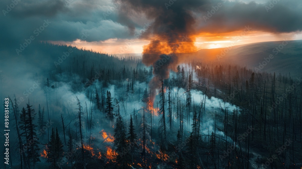 A view of a burning forest from above A historic forest fire destroys ...