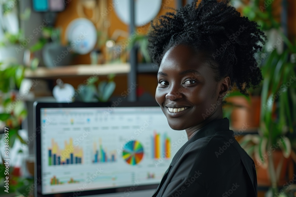 Black woman in business, smile in portrait and computer screen with ...