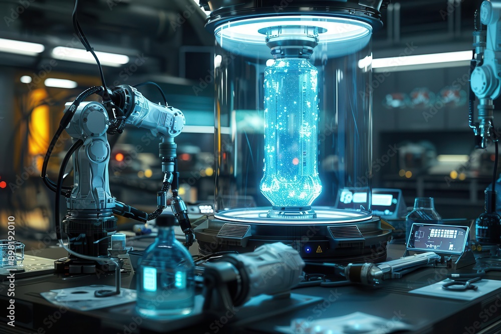 bioluminescent chemical reactor glowing with ethereal blue light ...