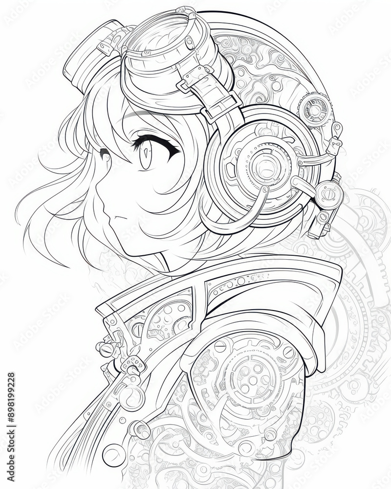 Beautiful anime girl, Black and white vector art, mandala coloring book ...