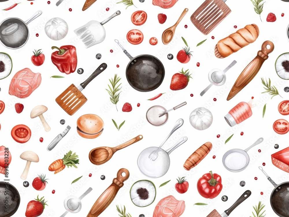 Food and utensils depicted in a seamless culinary pattern using ...