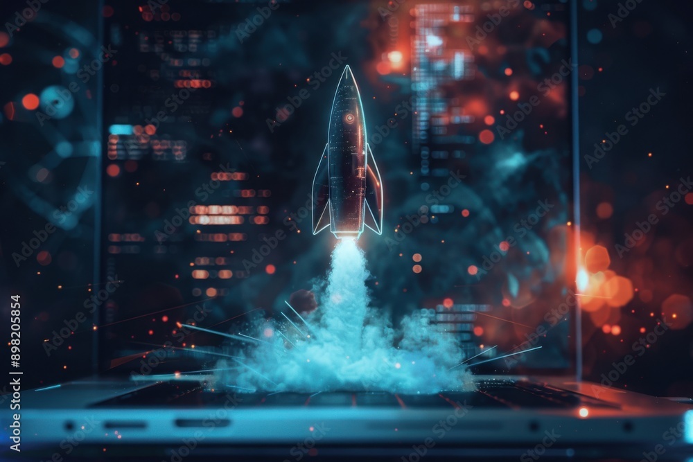 Business rocket launching from laptop screen, online startup success ...