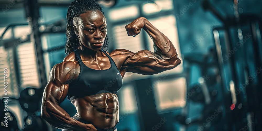 Lean and Mean: A female bodybuilder posing in the gym, flexing her ...