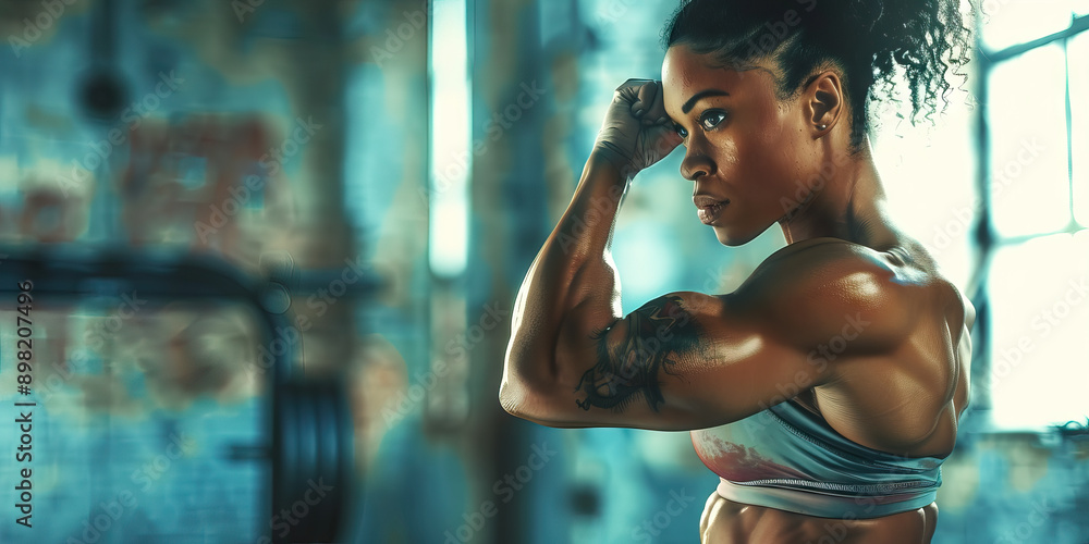 Lean and Mean: A female bodybuilder posing in the gym, flexing her ...