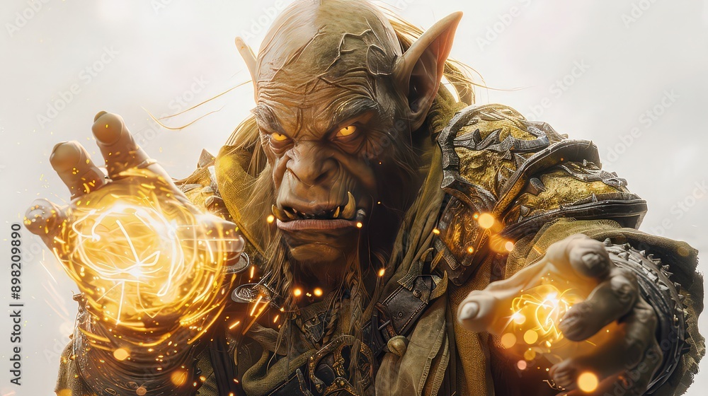 powerful orc mage casting a spell with glowing hands and arcane symbols ...