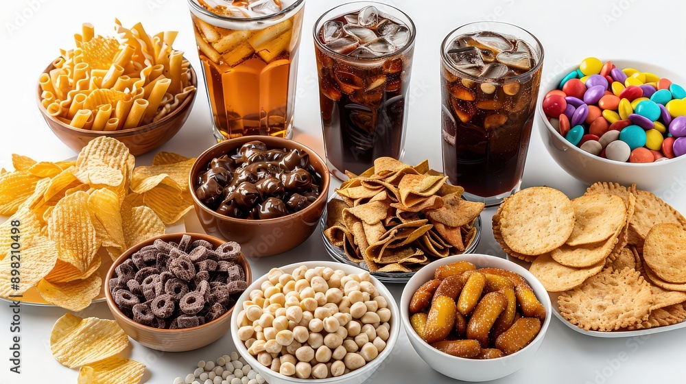 variety of junk food snacks like chips, candy, and soda, set against a ...