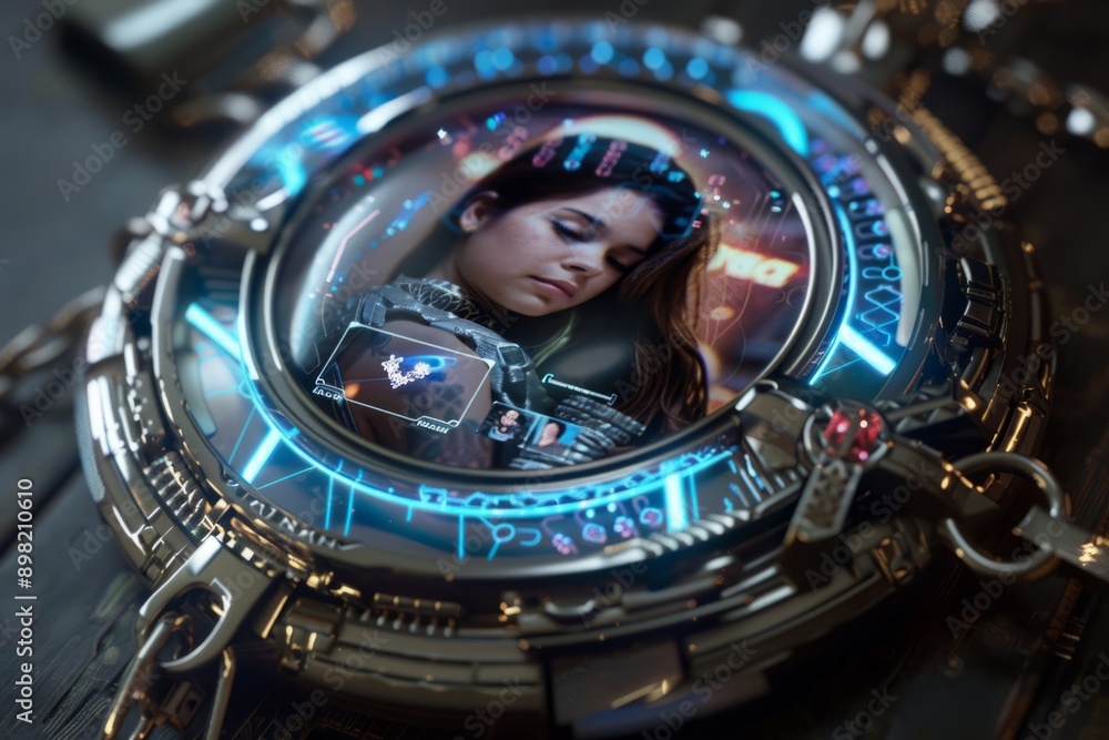 A conceptual digital artwork featuring a futuristic locket with ...