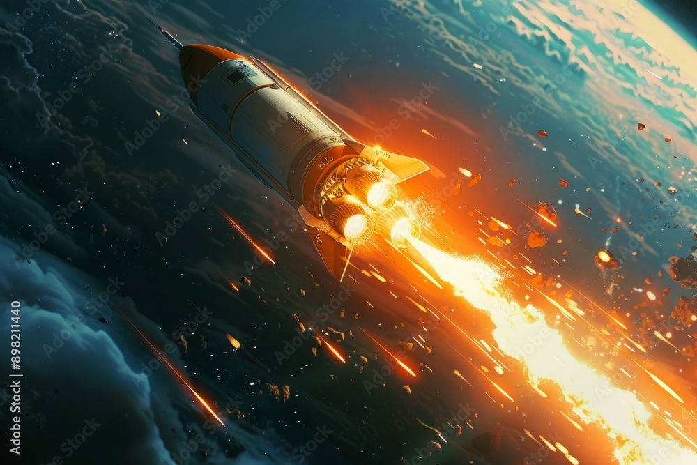 rocket re-entering Earth atmosphere, with glowing heat shield and trailing sparks, evoking the ...