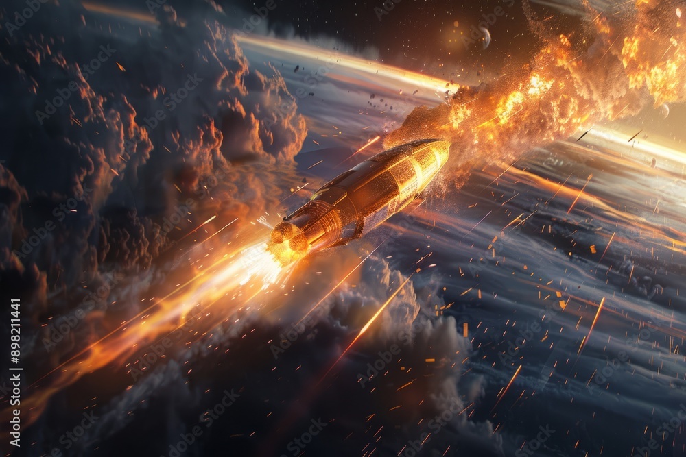 rocket re-entering Earth atmosphere, with glowing heat shield and ...