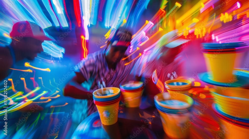scene of contestants frantically stacking cups in a race against the ...