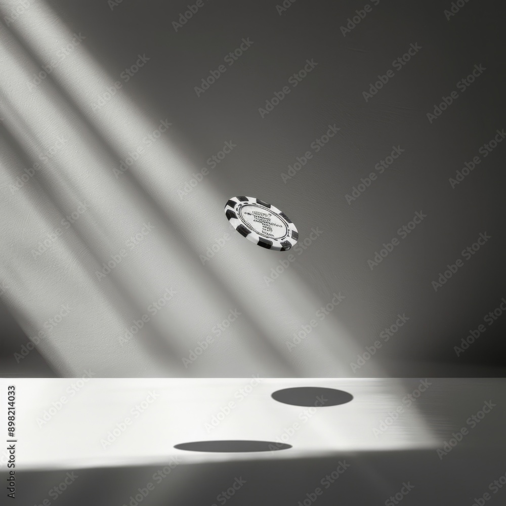 minimalist poker chip suspended mid-air in a sunbeam, casting a ...