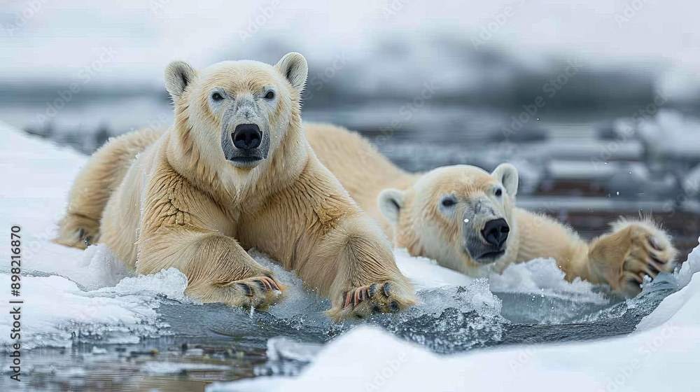 Polar bears sliding down icy slopes in their winter habitat, capturing ...
