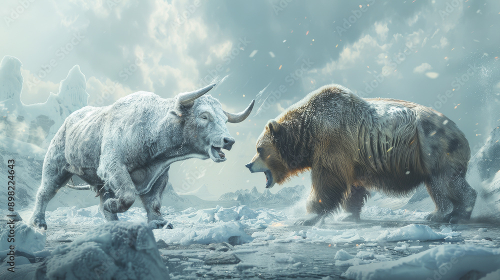 bear are fighting with a bull in a snowy field. The bears are white and ...