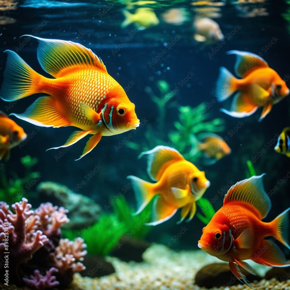Colorful fish swim gracefully in a well-lit aquarium. The tank is ...