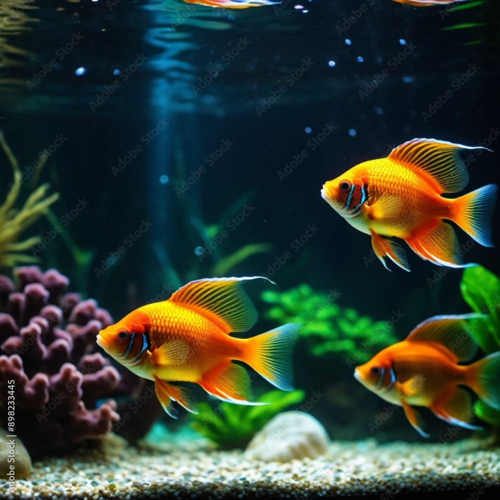 Colorful fish swim gracefully in a well-lit aquarium. The tank is ...