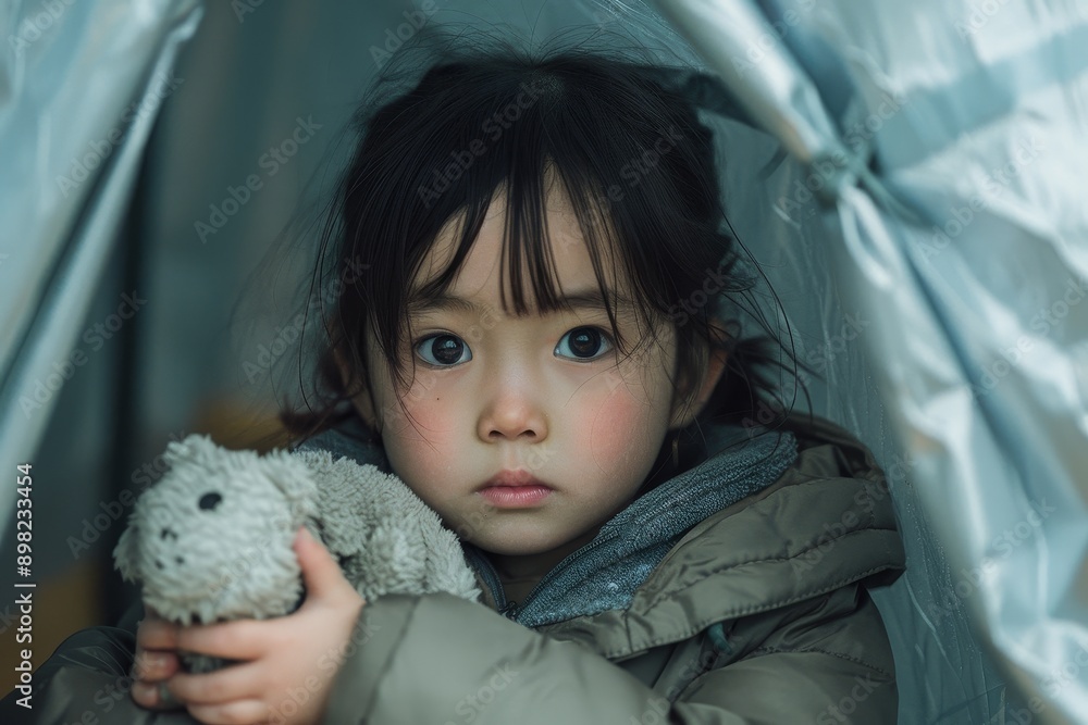 Close-up portrait of a child clutching a toy, sitting in a temporary ...