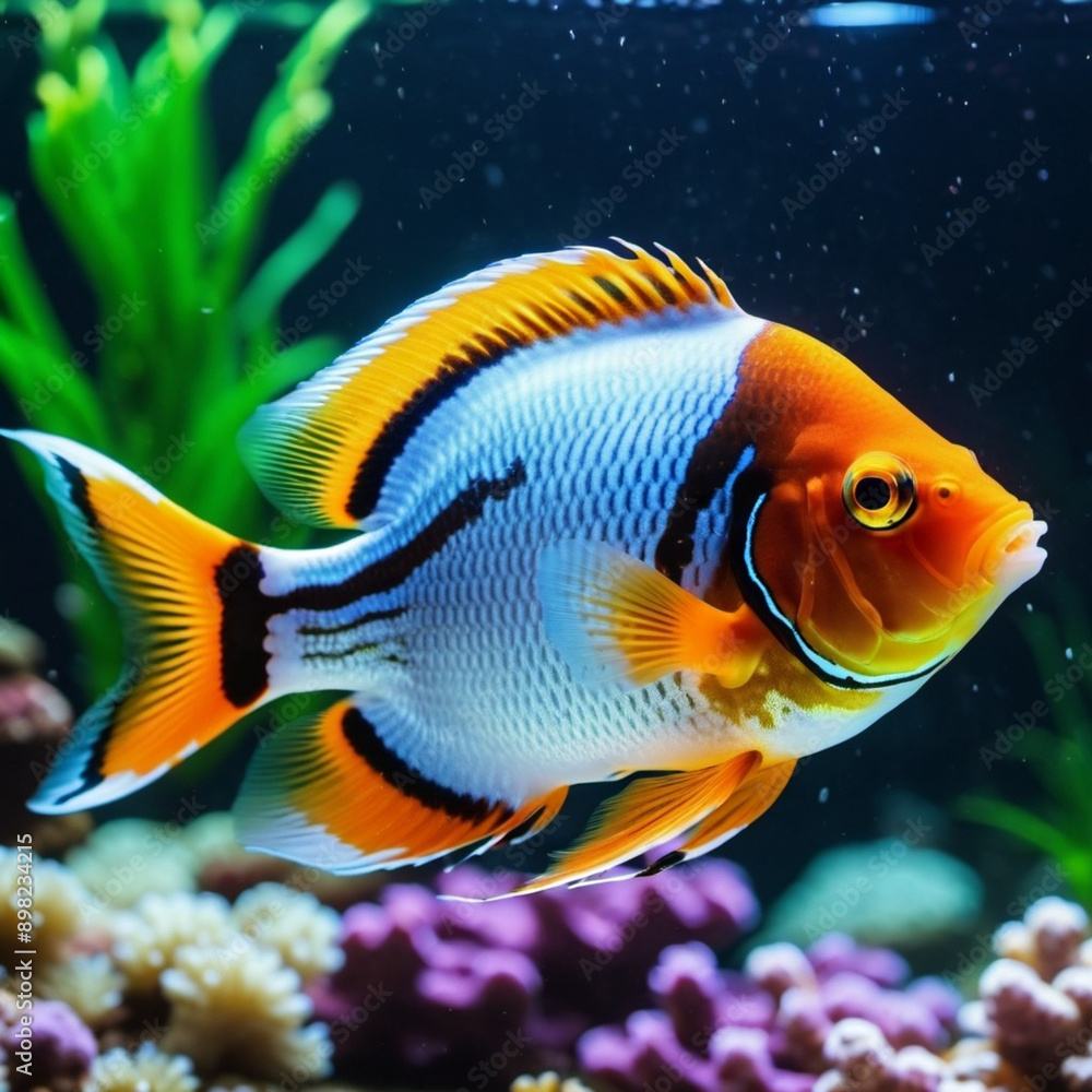Colorful fish swim gracefully in a well-lit aquarium. The tank is ...