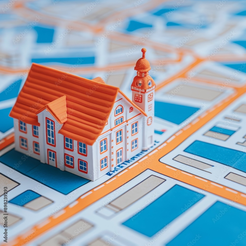 miniature house model on city map with orange roof and white walls ...