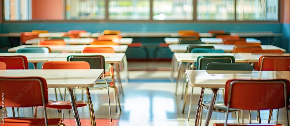 Contemporary school cafeteria with vacant seats and tables showcasing a ...