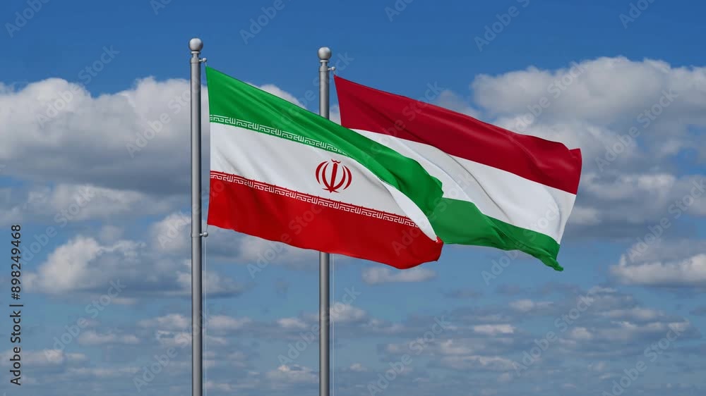 Hungary and Iran flags flying together, video concept of the ...