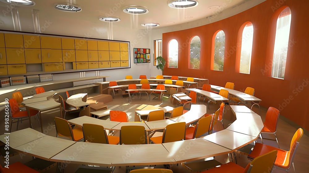 Classroom with an innovative, circular seating arrangement Stock Photo ...