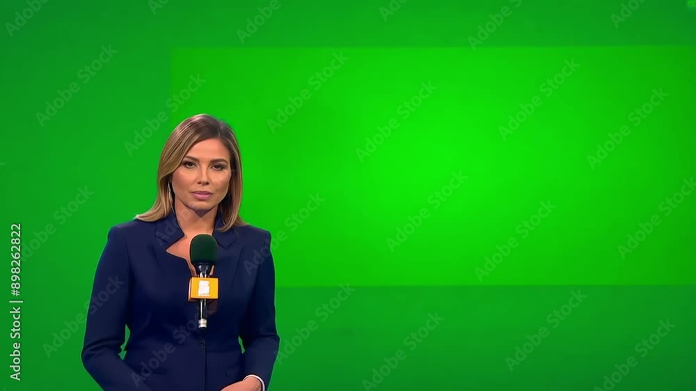 Female news anchor reporting against a green screen background ...