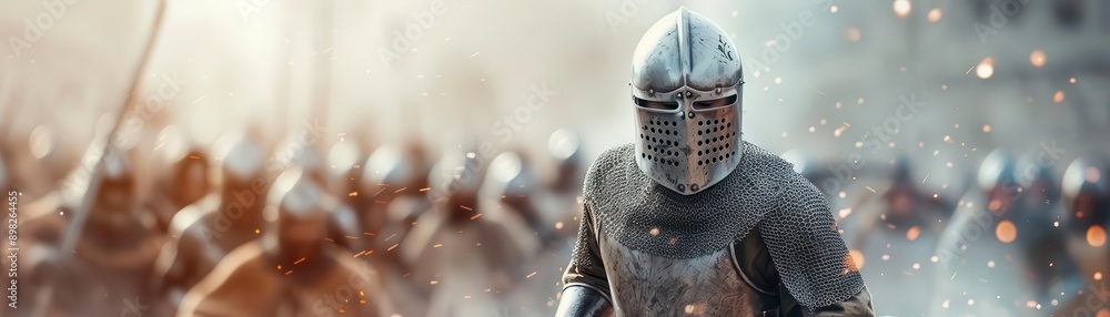 A medieval knight in full armor leads a charge during a fierce battle ...