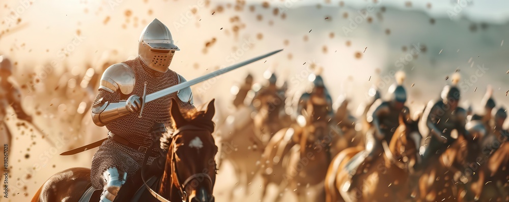 Epic medieval battle scene with knights in armor on horseback, charging across a dusty ...
