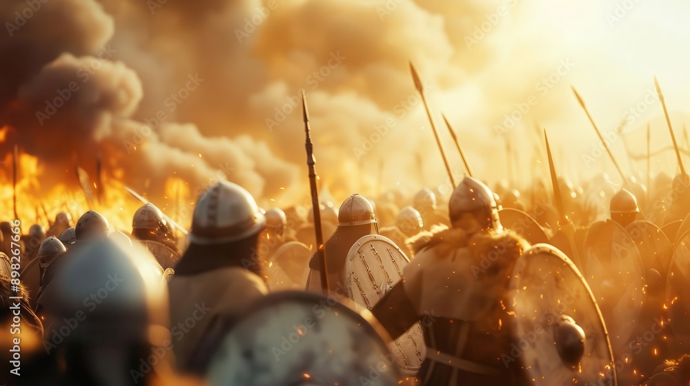 Historical medieval battle scene with armored soldiers, swords, and ...