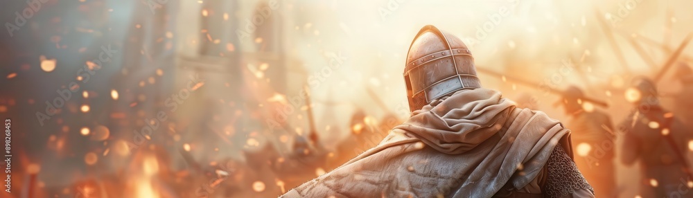 Medieval knight in armor, back view, standing amid glowing embers and ...