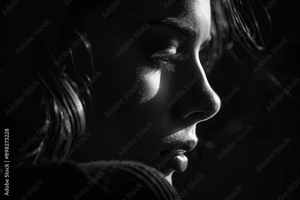 ภาพประกอบสต็อก dramatic chiaroscuro portrait silhouette against deep ...