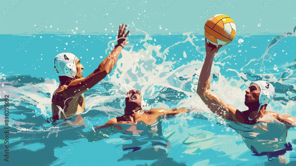 Dynamic image of a water polo game with three players in motion ...