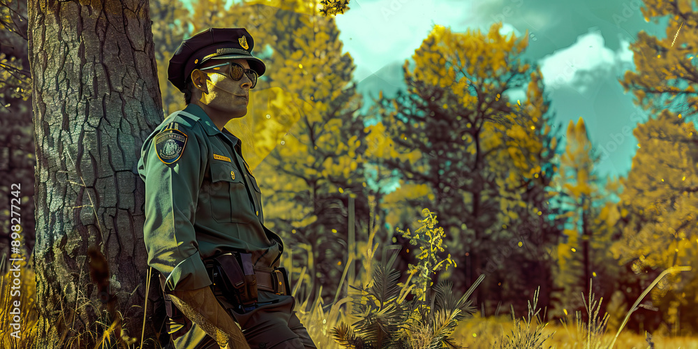 Realistic Ranger: A park ranger in uniform, leaning against a tree ...