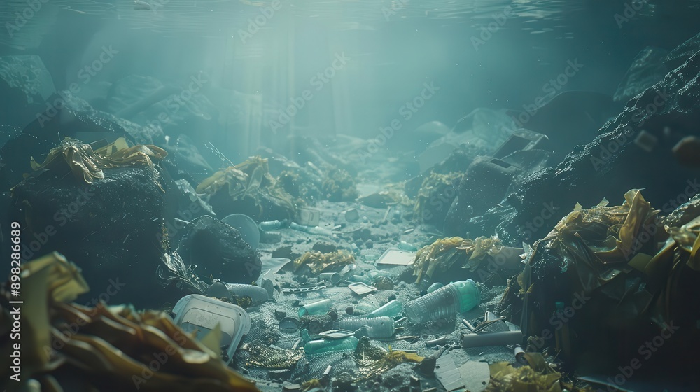 haunting underwater scene of ocean pollution discarded plastics and ...