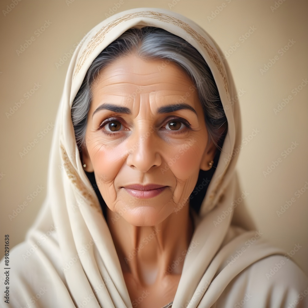 A 70-year-old Middle Eastern woman with a glowing, healthy-looking ...