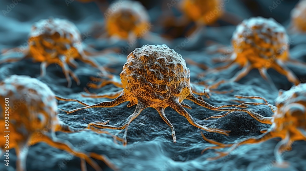 Cancer Cells: A microscopic view of cancer cells multiplying aggressively, with a contrasting ...