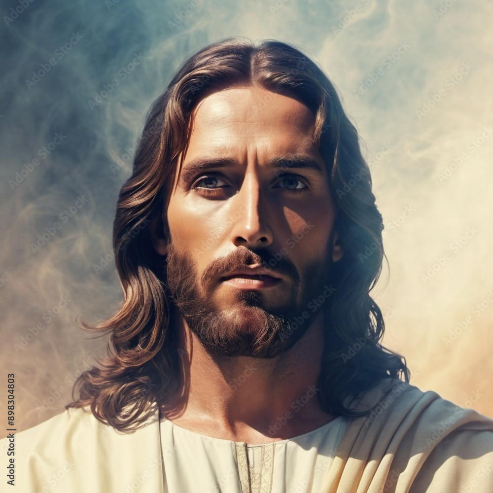 Portrait of a Man Dressed as Jesus. White robe. Long brown hair and ...