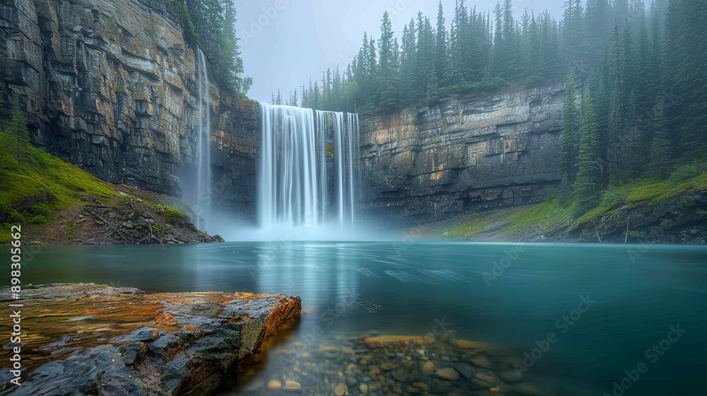A waterfall bisects a tranquil body of water, backdropped by a verdant ...