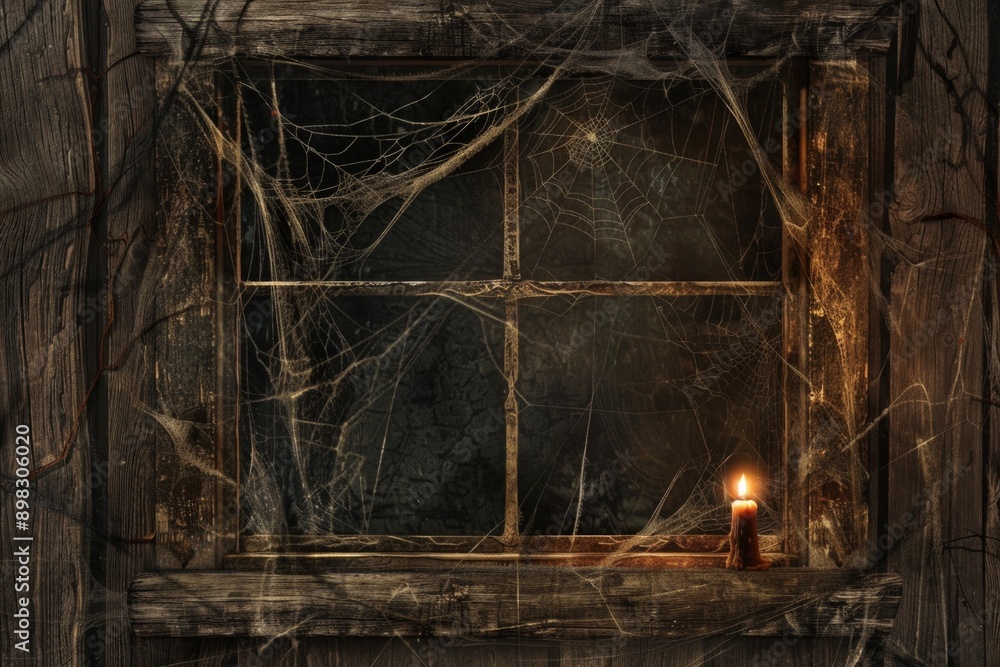 Haunted House Window with cobwebs, cracked wood, and eerie shadows. The ...
