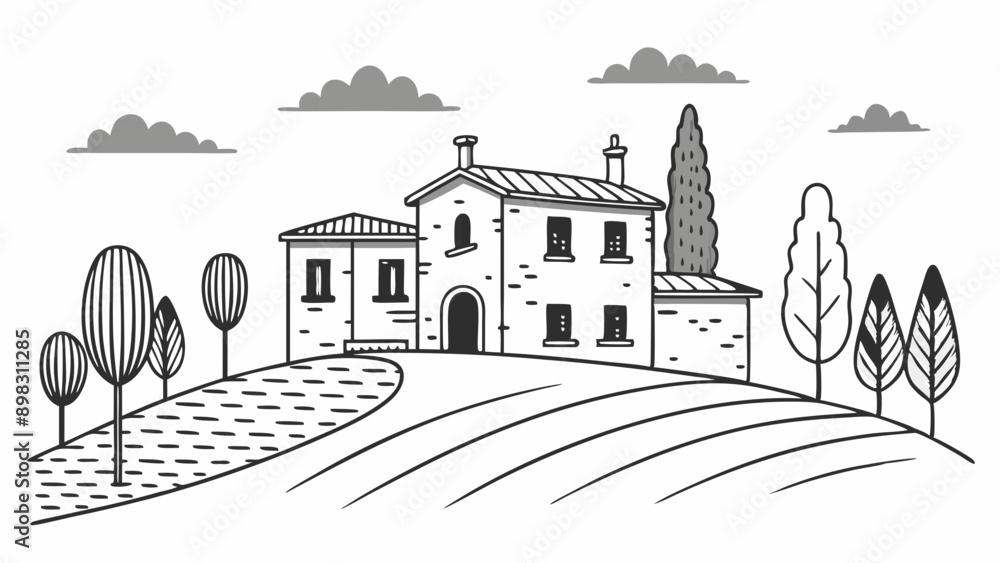 A simple line drawing of an old tiny italian farmhouse on the side of a ...