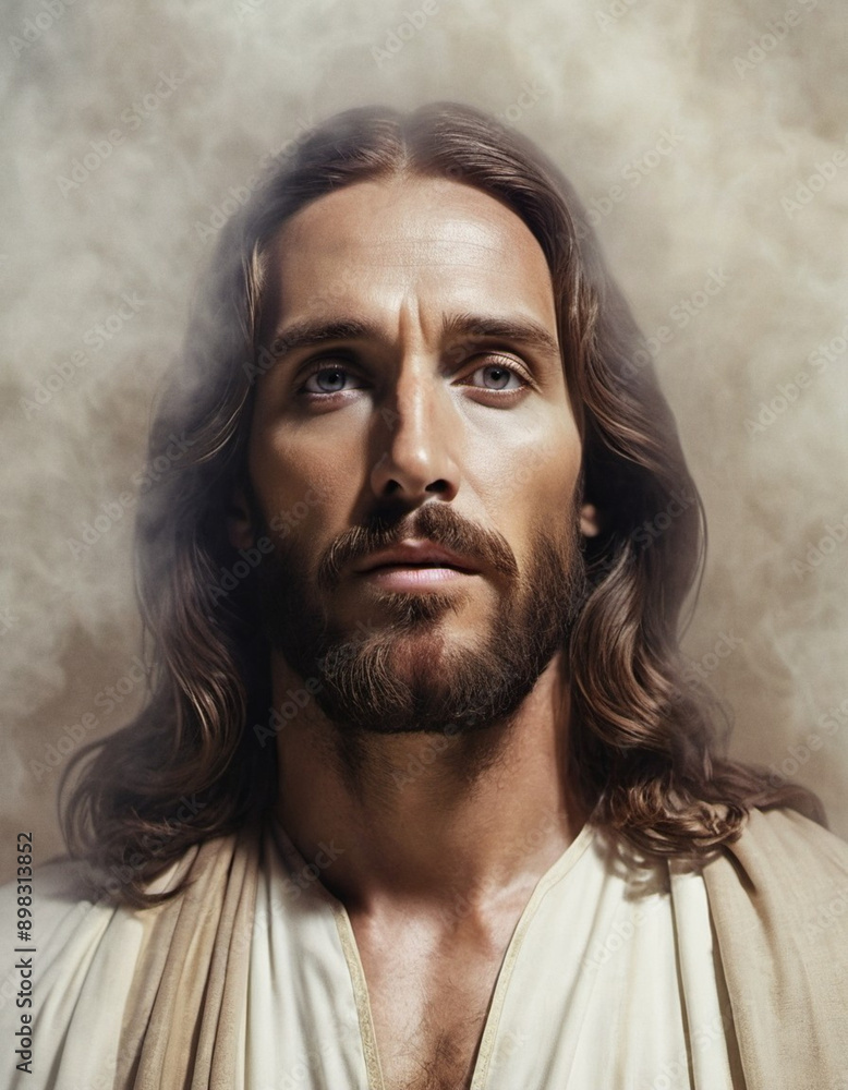 Portrait of a Man Dressed as Jesus. White robe. Long brown hair and ...