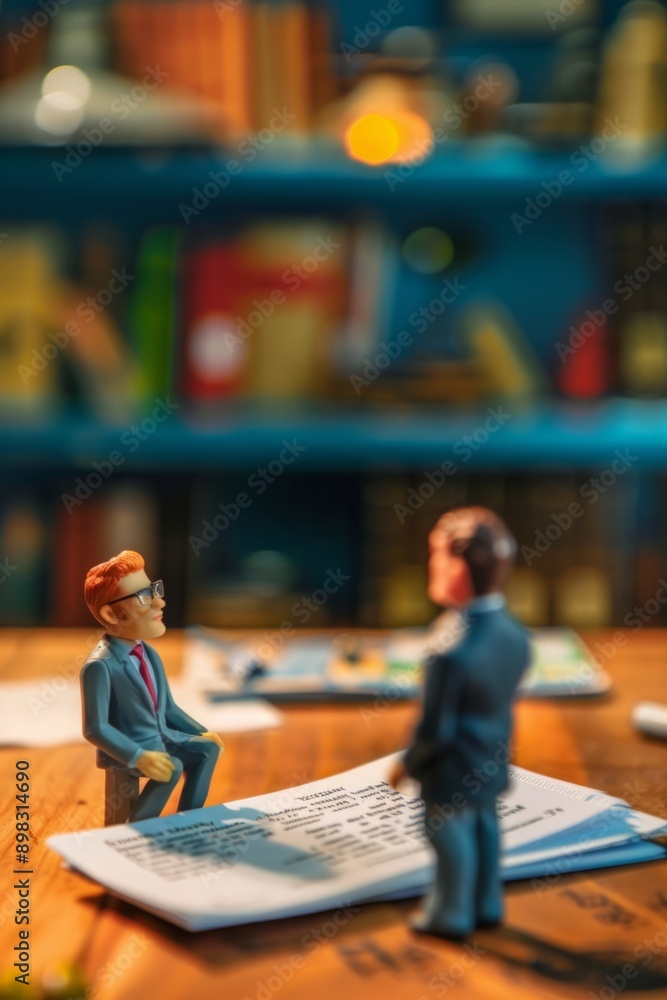 Job Interview. A mini figure businessman interviewing a candidate in a ...
