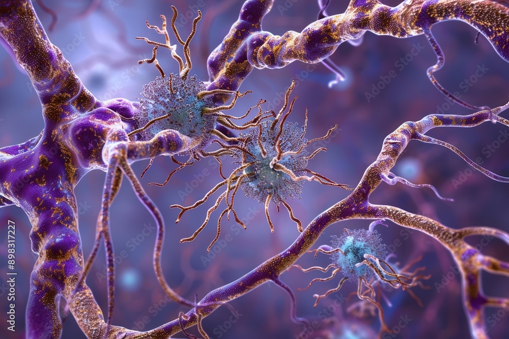 medical illustration depicting neuron affected by alzheimers disease detailed visualization of ...